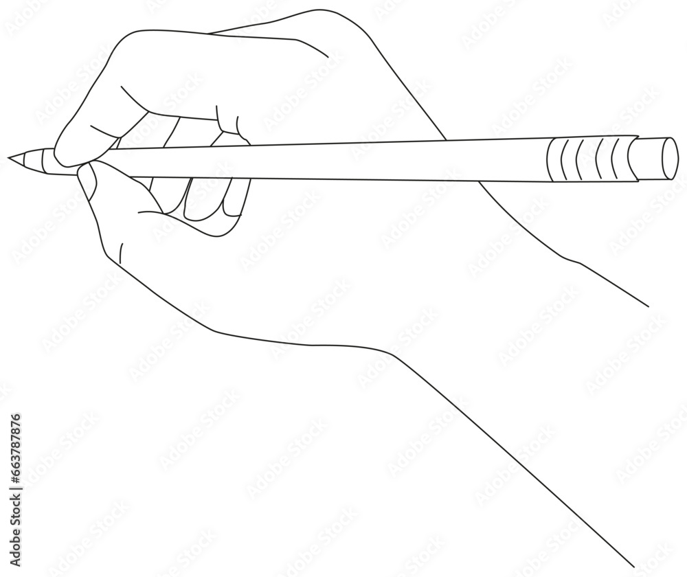Simple outline black sketch of a hand holding a pencil. Vector ...