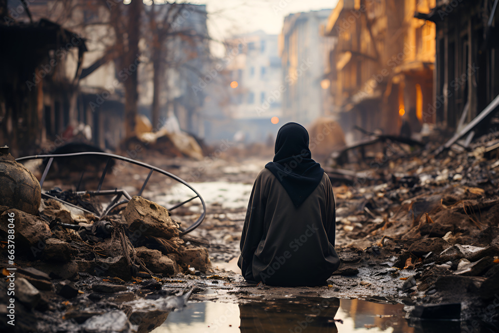 woman in a headscarf sits victims on the ruins of destroyed cities in ...