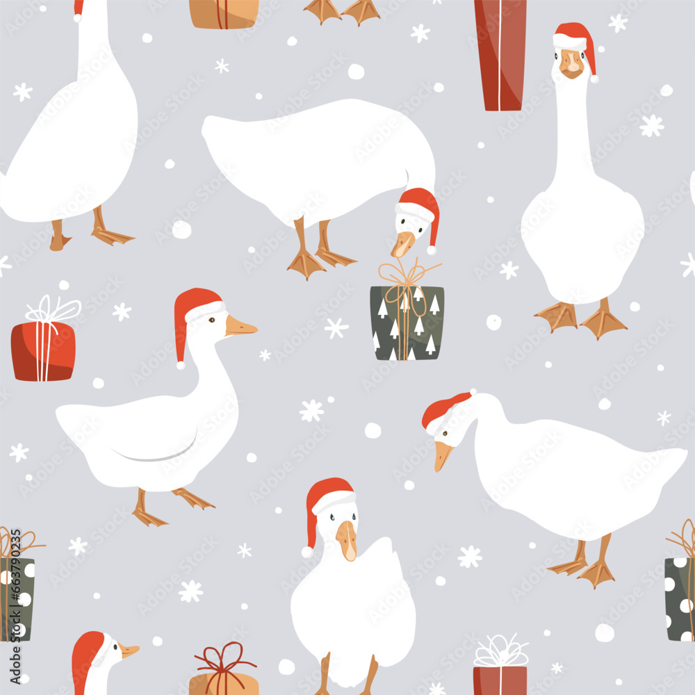 Geese in Santa Claus helper hats seamless pattern. Cartoon goose and ...