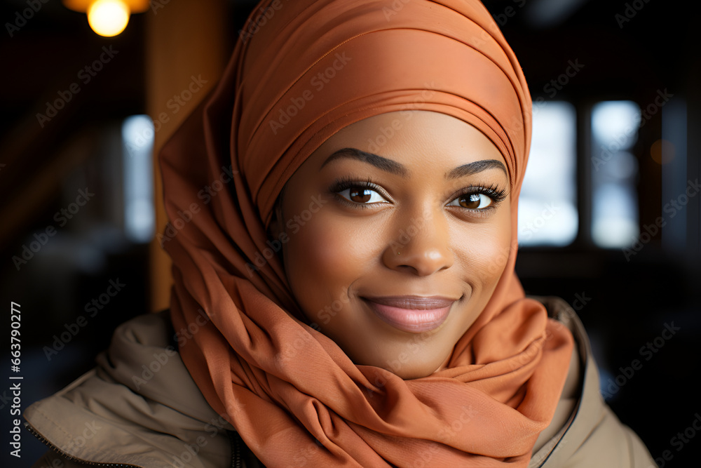 portrait of a beautiful young Muslim woman with a bright scarf ...