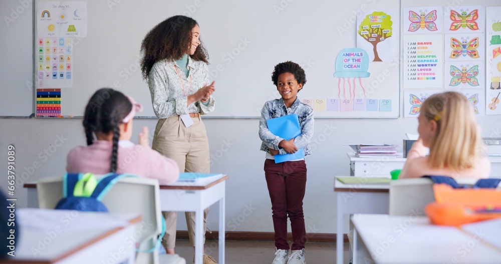 Class paper, presentation and child speaker with applause and cheering ...