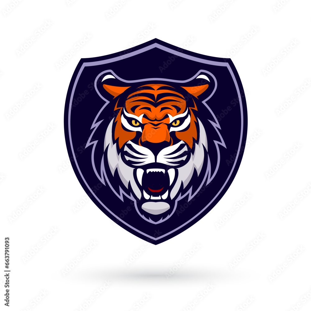 This fierce and powerful tiger mascot head logo, set within a shield ...