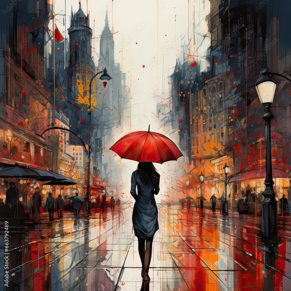 Line drawing of a woman on a rainy day, carrying a red umbrella. She walks down a modern city ...