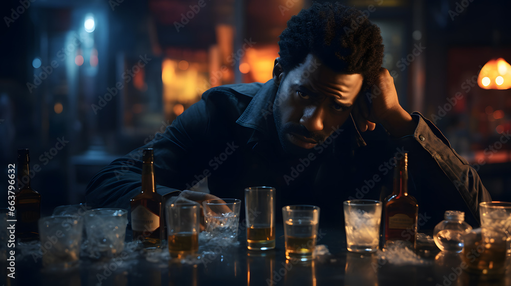Drunk desperate depressed sad black man sitting in a bar drinking hard ...