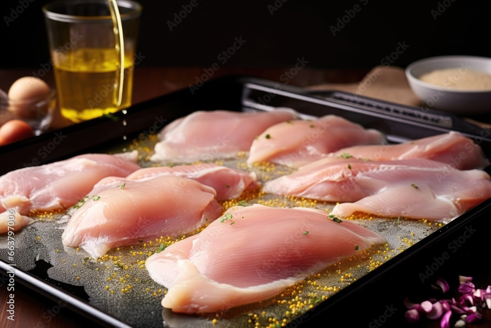 raw chicken being brushed with oil before going in the oven Stock Photo ...