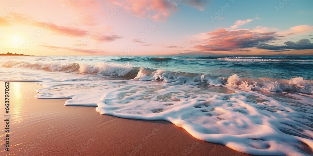 Beautiful sand beach in sunset time. Close up sea wave on sand beach ...