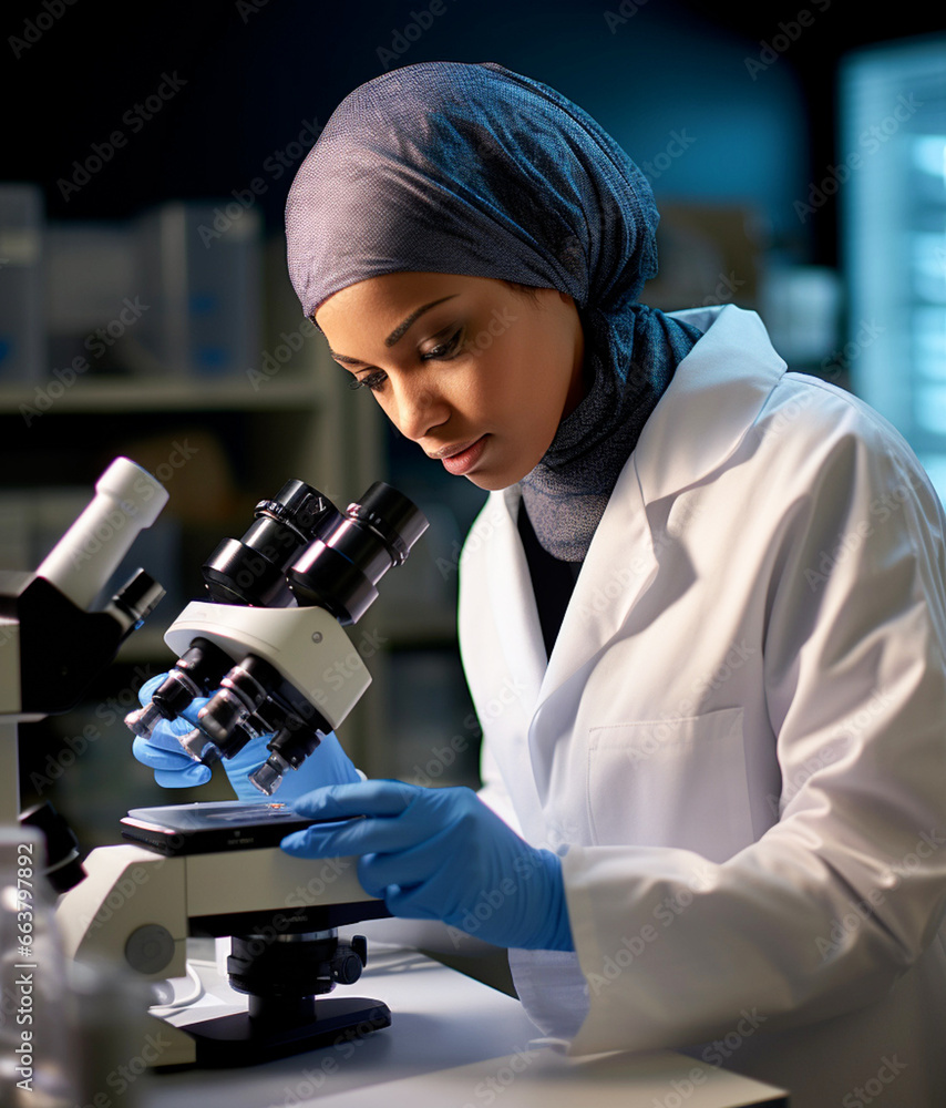 Muslim scientist woman in a laboratory researching with a microscope ...