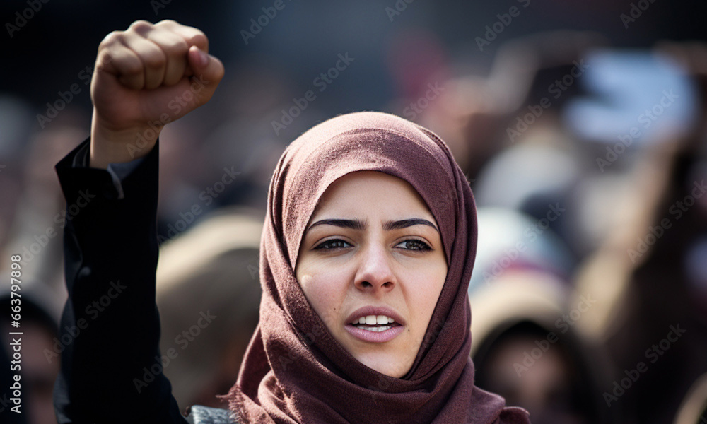Veiled Arab woman with raised fist as a sign of empowerment Stock Photo ...