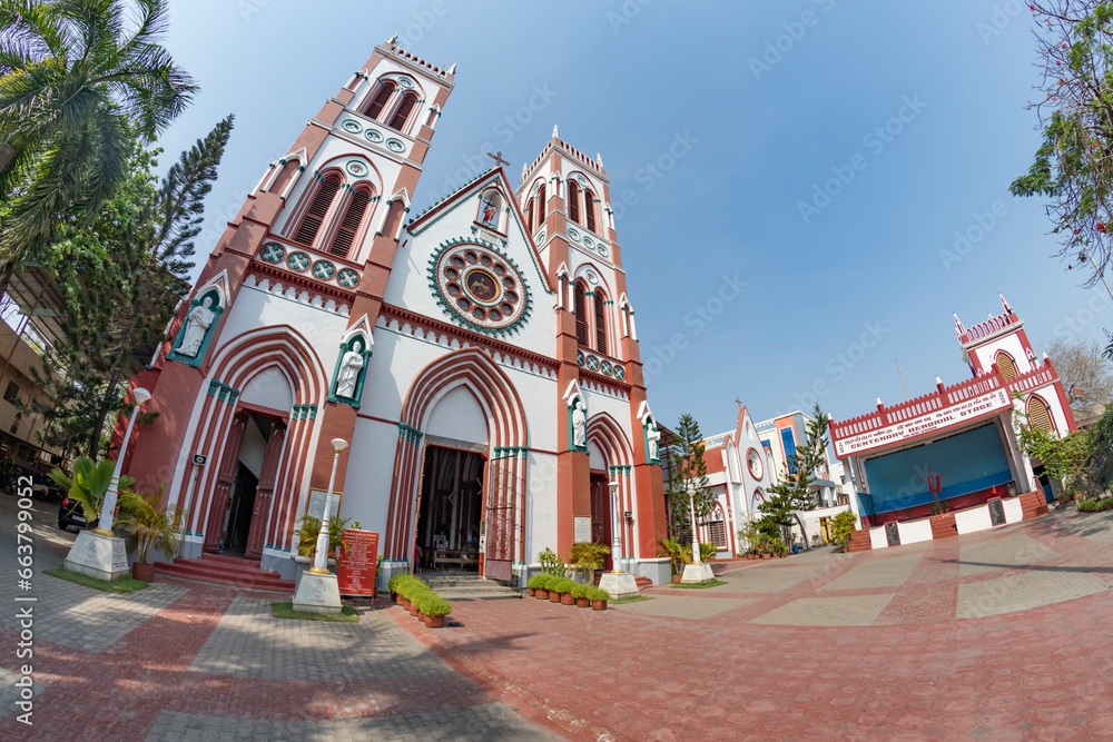 Facade of catholic church in Pondicherry.The Sacred Heart Basilica ...