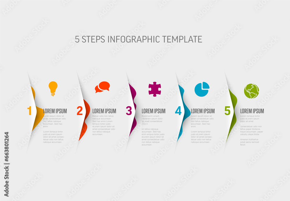 Five color steps progress page template with color corners and icons ...