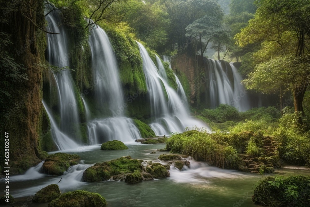Explore a stunning landscape: expansive waterfall with beautiful ...