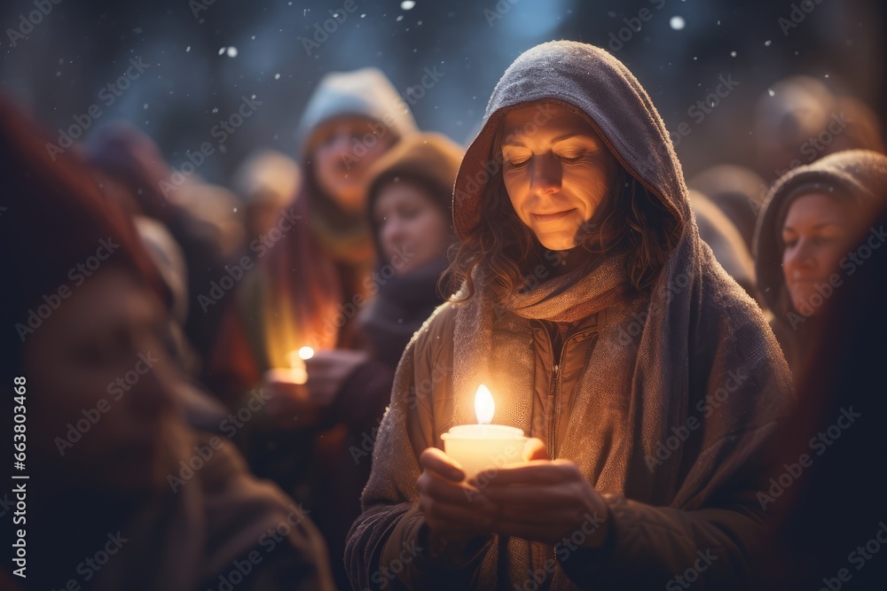 Group participating in a winter solstice ceremony, against a starry ...