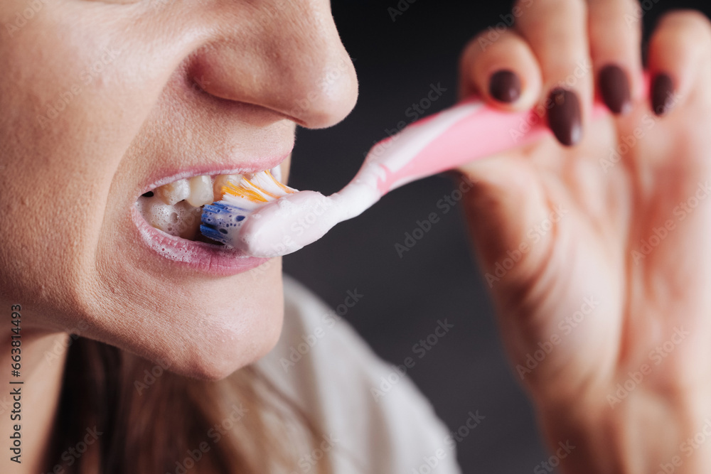 Brushing teeth background. Toothpaste foam. Young girl brushing her ...