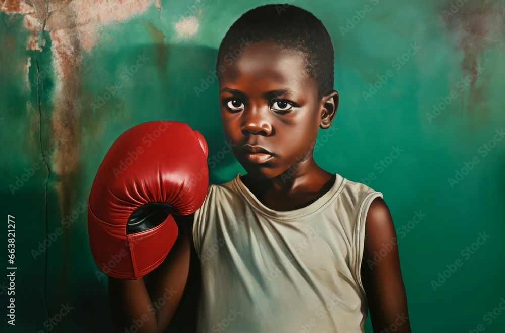African child with boxing glove. Little black boy boxing sport practice ...