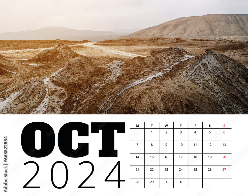 Print calendar template 2024 october month with mud volcanoes of ...