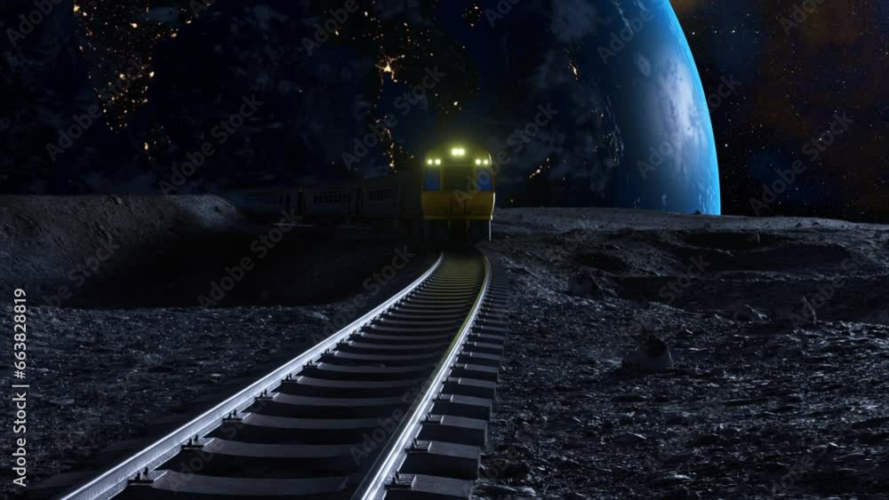 A cosmic train travels along rails on a moon surface with a view of a ...