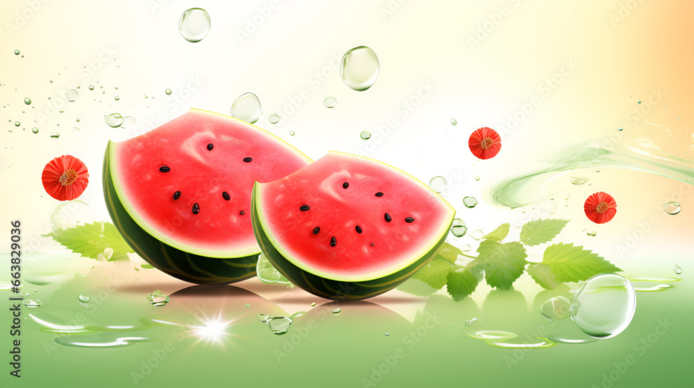 Slices of summer watermelon, whole round, half and piece isolated on a ...