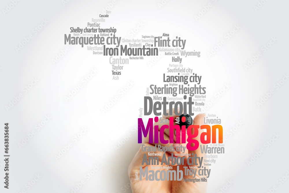 List of cities in Michigan USA state, map silhouette word cloud, map ...