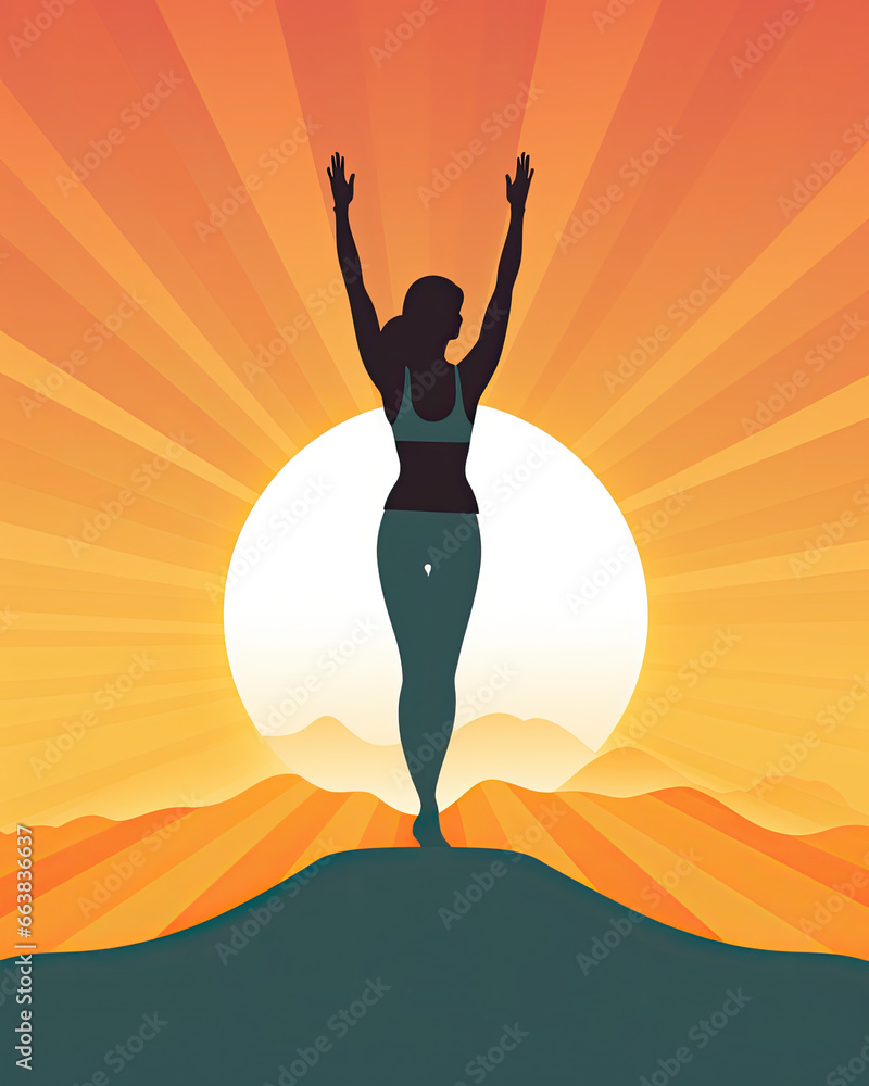 Woman performing the Sun Salutation yoga pose at the Sea Side with the ...