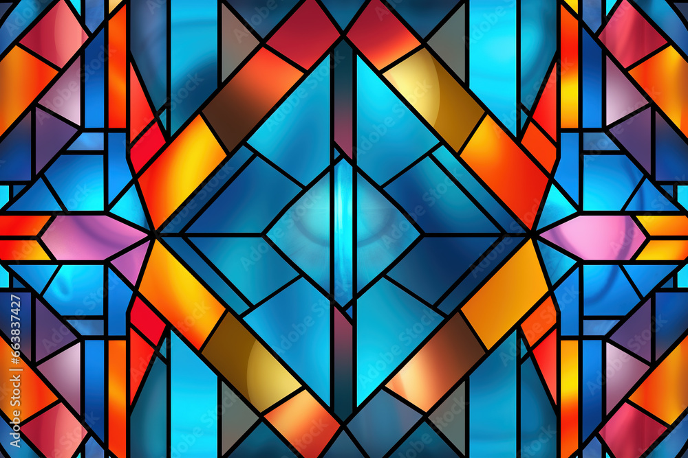 Stained glass window design with vivid colors and geometric shapes ...