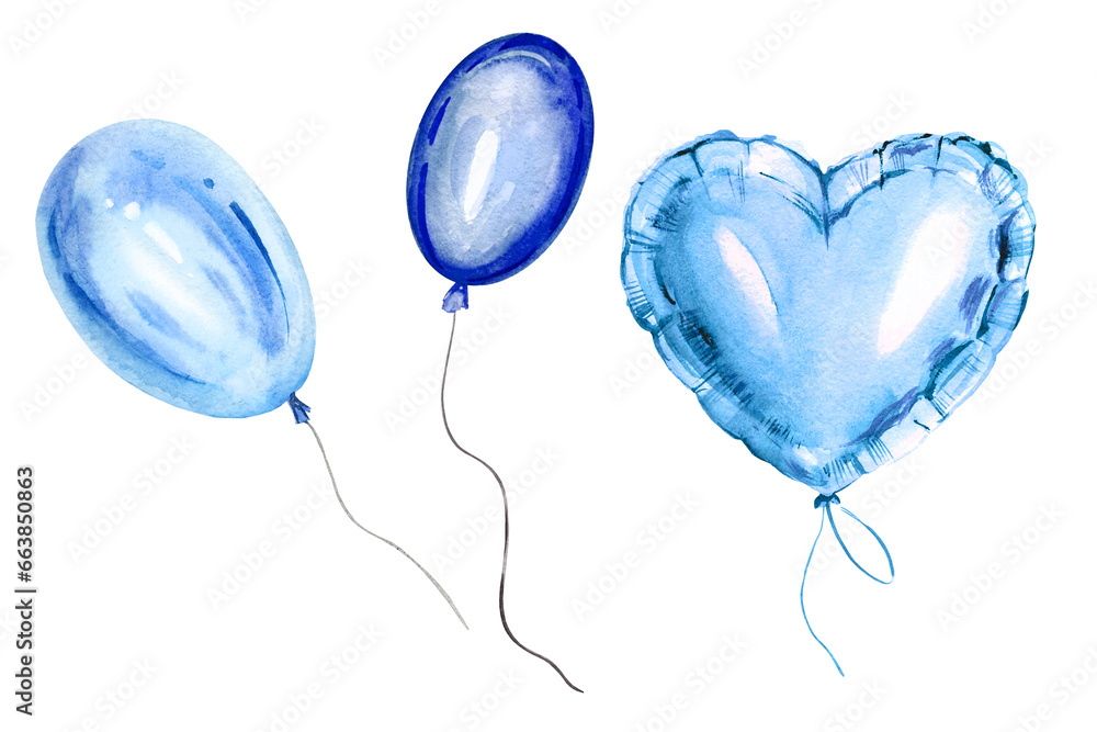 watercolor hand drawn set with air different blue and cyan transparent ...