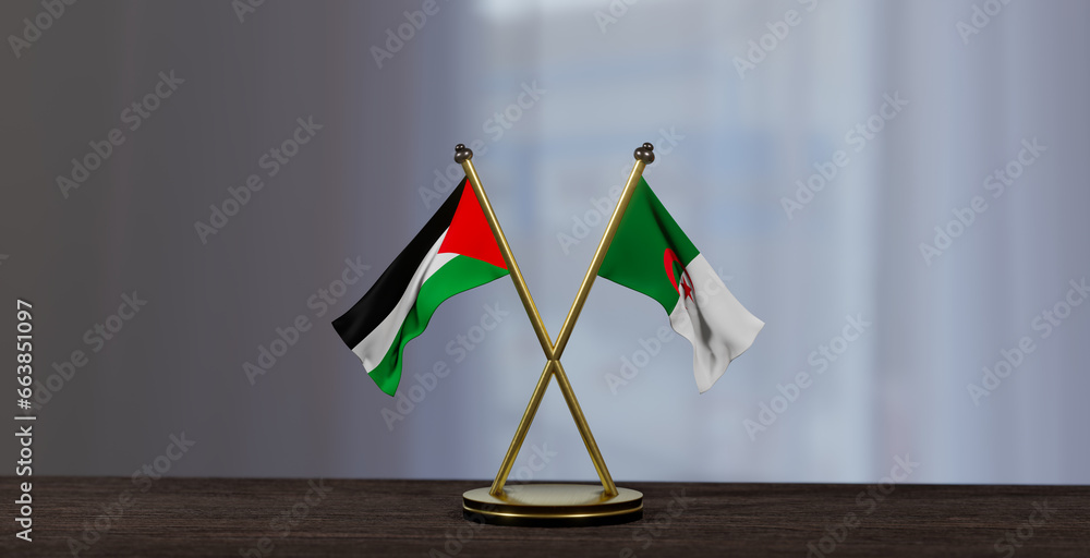 Palestine and Algeria flags on table. Negotiation between Algeria and ...