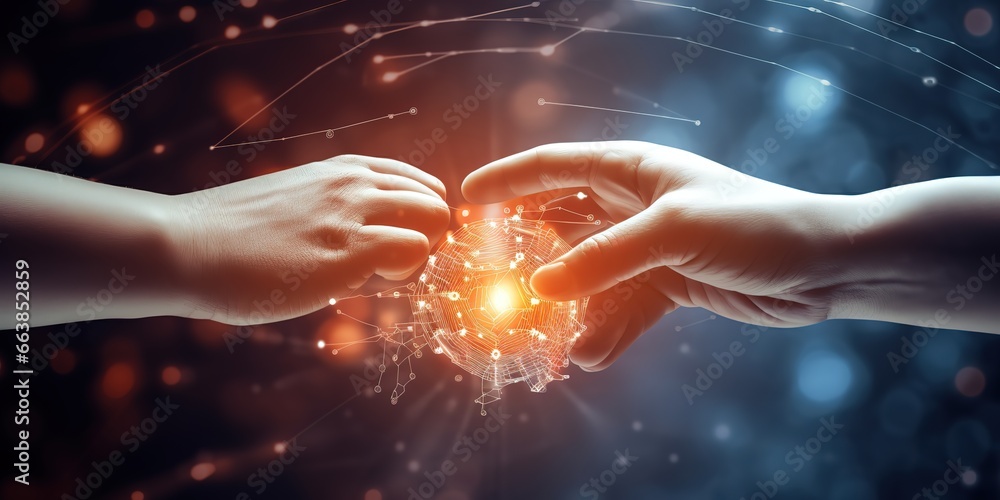 hand holding atomic particles, image of nuclear energy and network ...