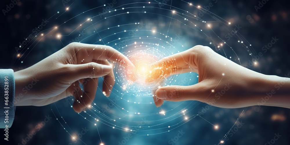 hand holding atomic particles, image of nuclear energy and network ...