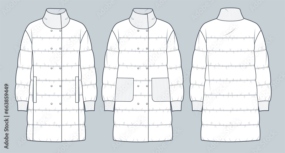 Padded Jacket technical fashion Illustration. High Neck Down Jacket ...