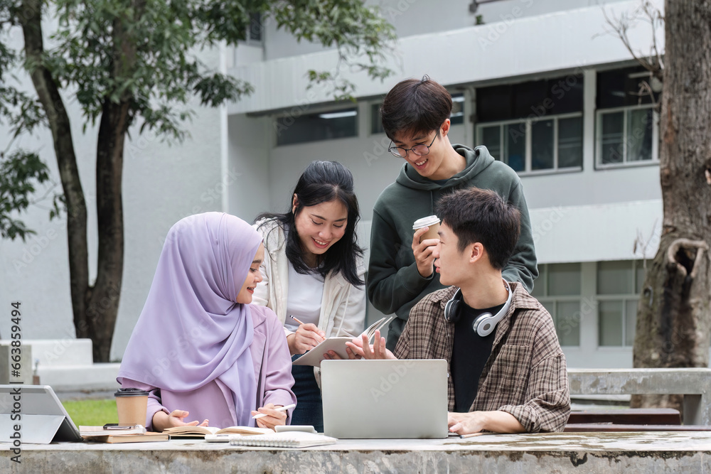 A multiracial group of students at the college, including Muslim and ...
