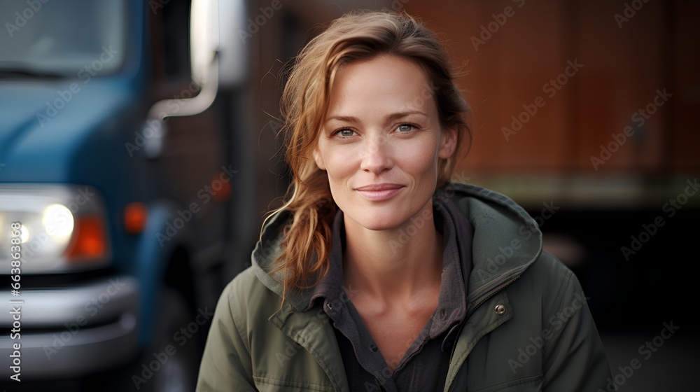 Female truck driver. Professional woman who drives cargo vehicles with ...