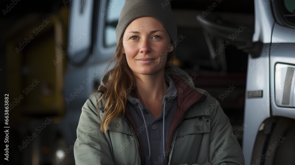 Female truck driver. Professional woman who drives cargo vehicles with ...