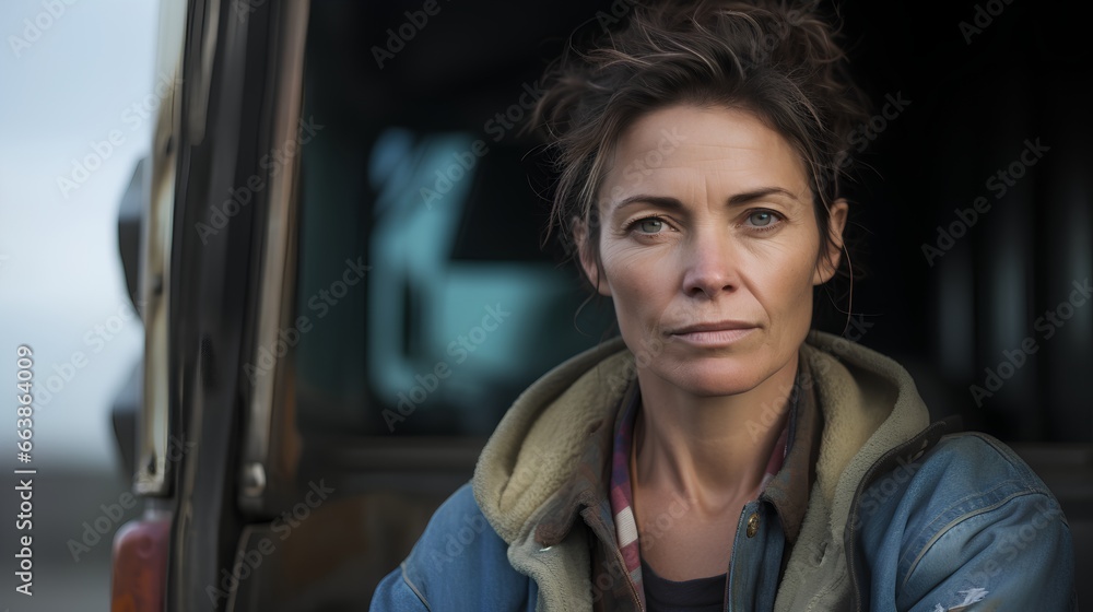 Female truck driver. Professional woman who drives cargo vehicles with ...