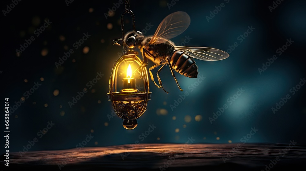 A glowing lamp attracts a swarm of flies and other flying insects ...