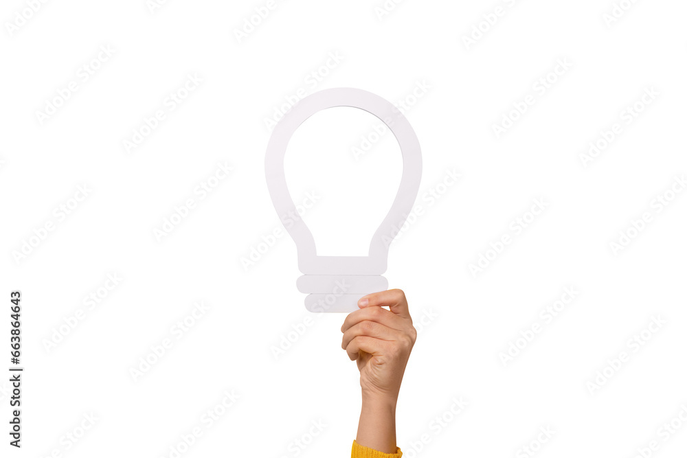 Poster hand holding light bulb symbol isolated on transparent ...