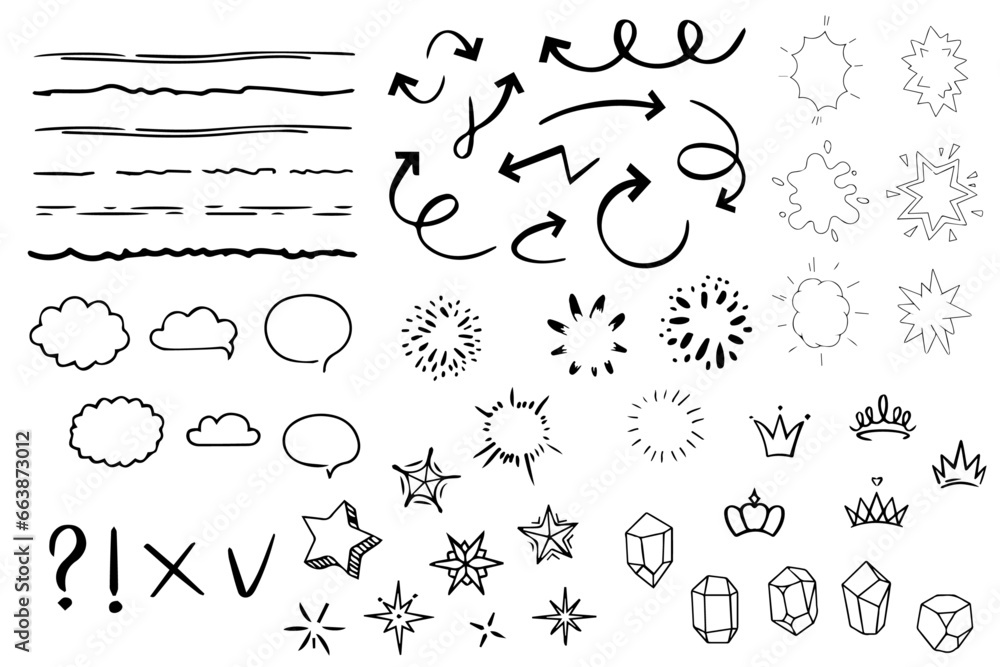 Hand drawn line arrow, sketch underline, round frame element set. Text ...