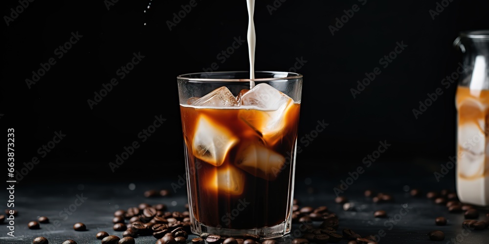 iced coffee poured into a glass on a black background, in pop culture ...