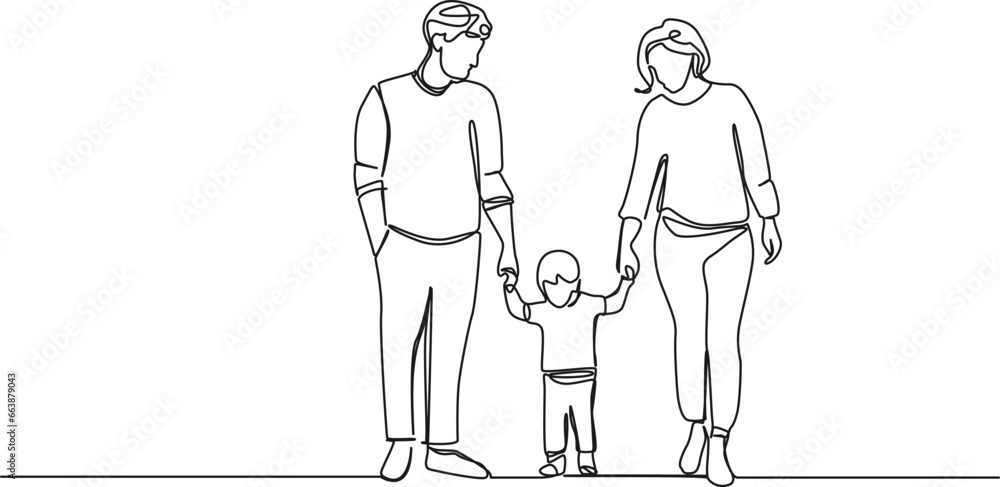 continuous single line drawing of parents walking with child in middle ...