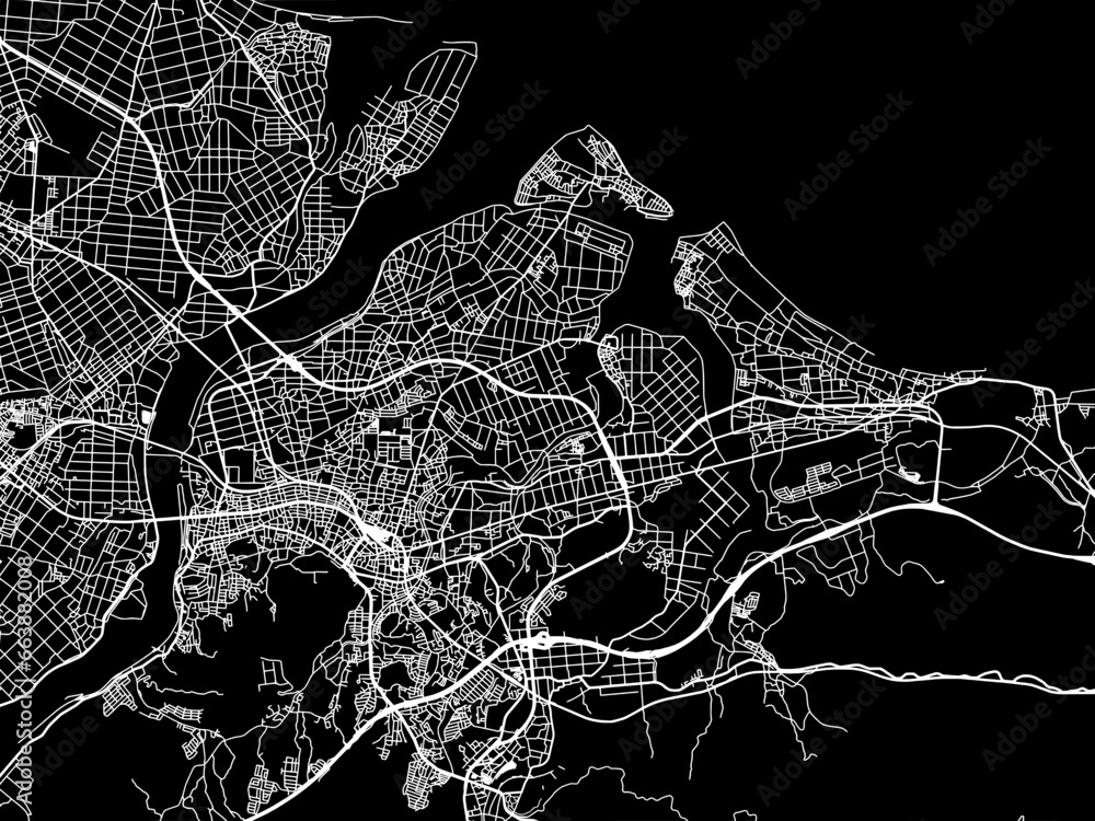 Vector road map of the city of Ise in Japan with white roads on a black ...
