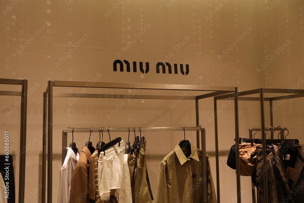 Shanghai,China-April 1st 2023: Miu Miu clothing and brand logo sig ...
