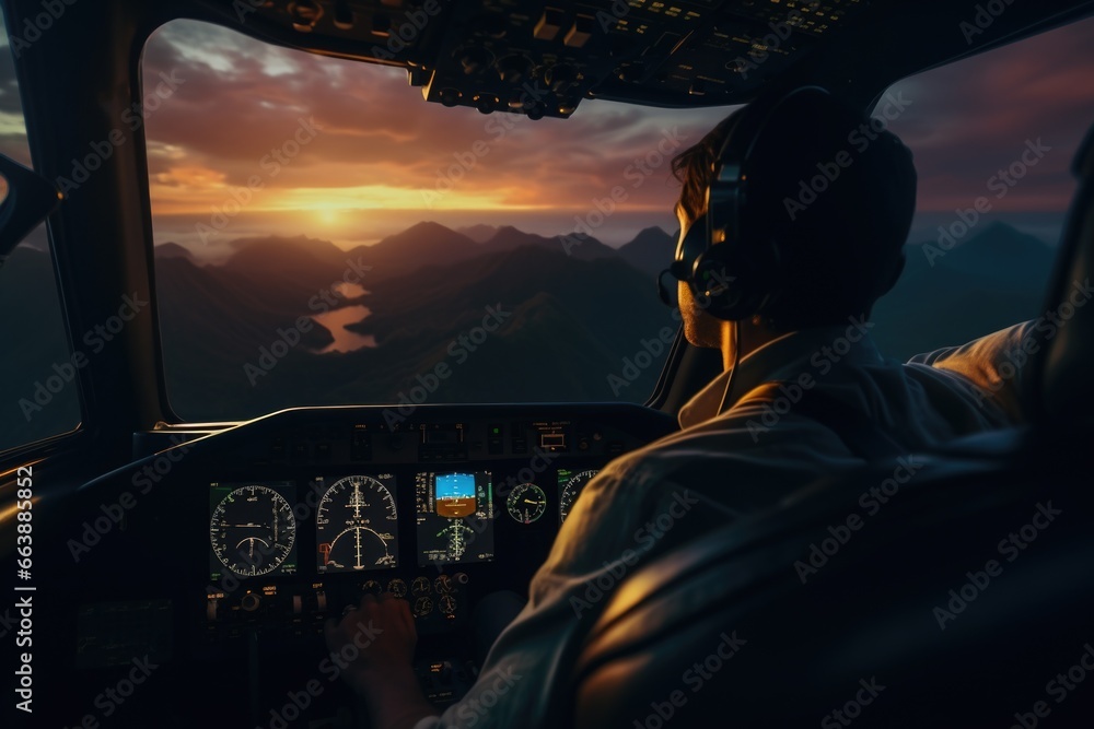 A man is seated in the cockpit of a plane. This image can be used to ...