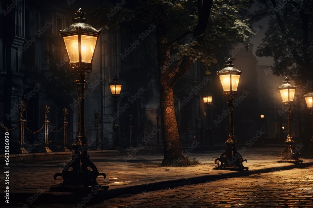 A row of street lamps sitting on the side of a road. This image can be ...