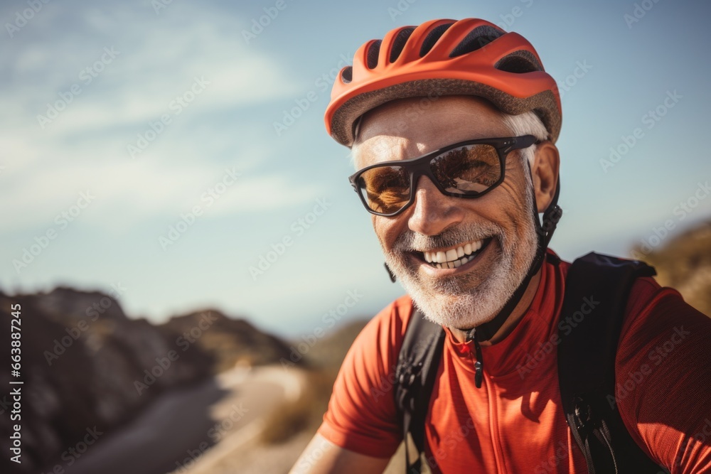 An older man wearing a helmet and sunglasses. This picture can be used ...