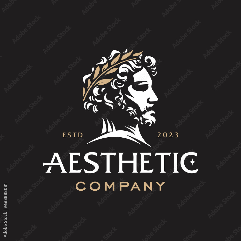 Greek god silhouette logo. Greece man head wearing laurel wreath statue ...