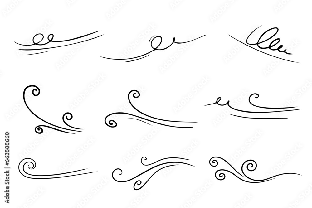 Doodle wind line sketch set. Hand drawn doodle wind motion, air blow ...