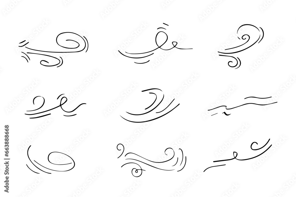 Doodle wind line sketch set. Hand drawn wind motion, air blow, swirl ...