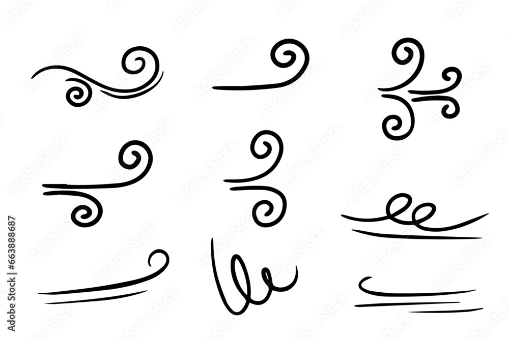 Doodle wind line sketch set. Hand drawn wind motion, air blow, swirl ...
