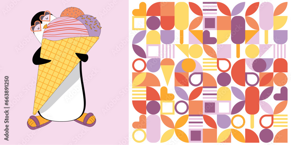 set of a child character and a delicate geometric pattern, a Penguin ...