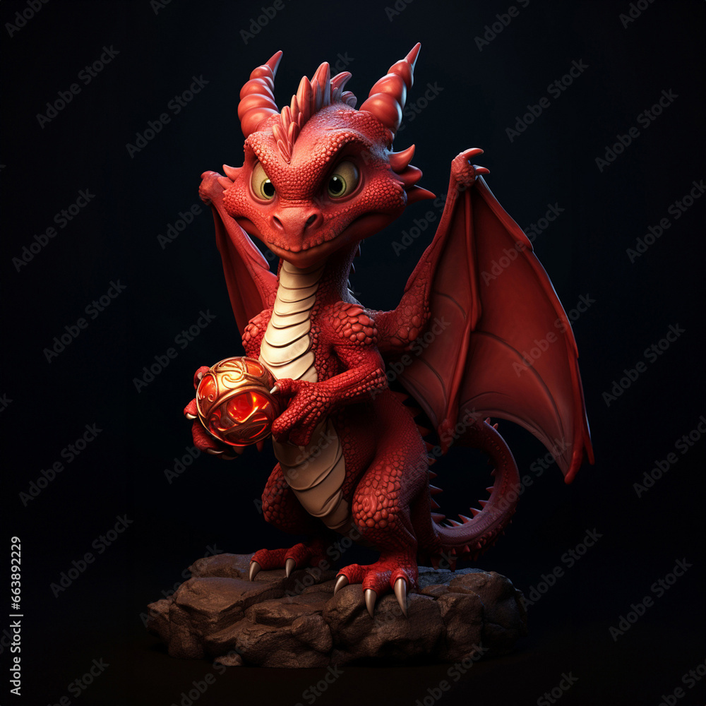 A 3D red dragon in vivid pop-up style, beautifully colored in red and ...