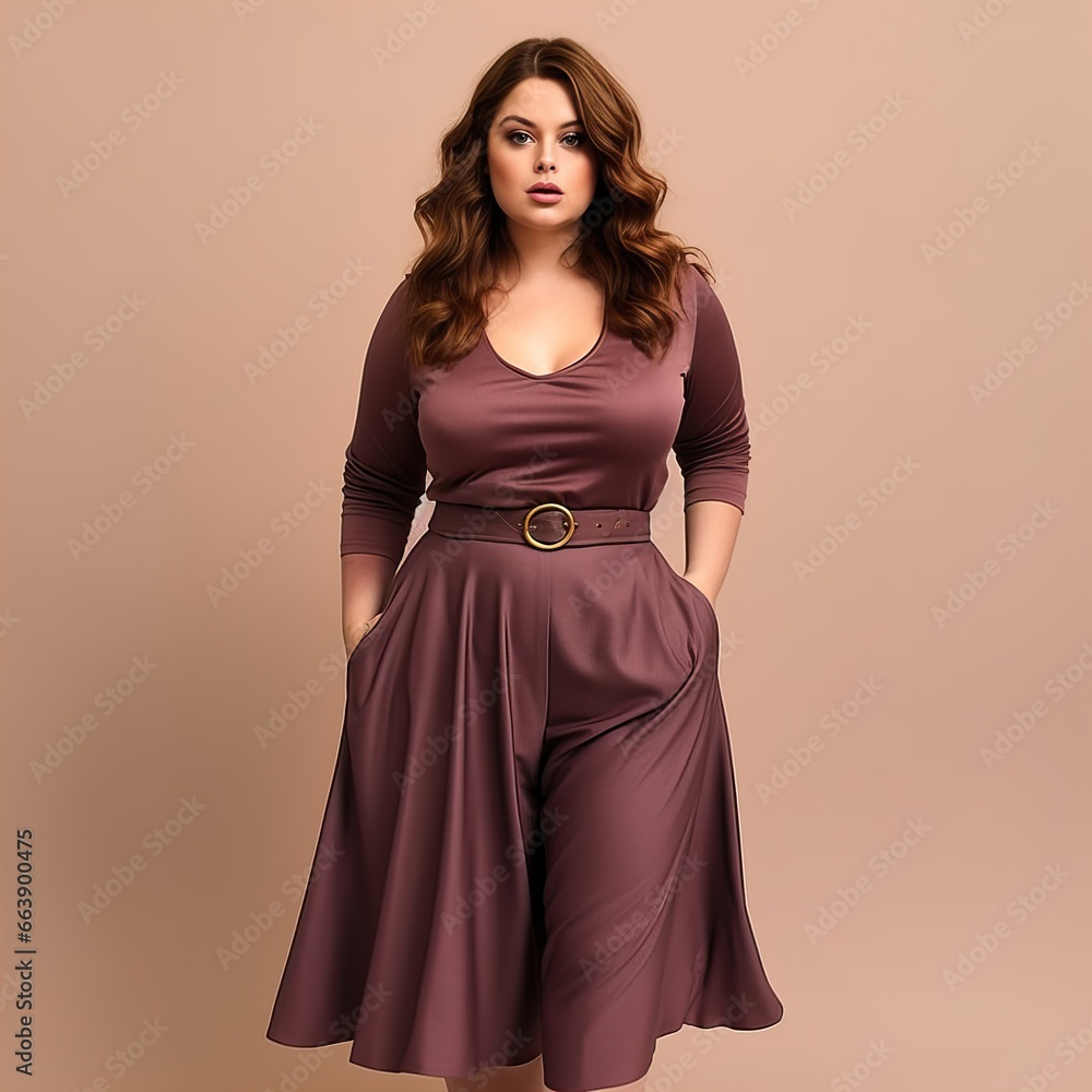 Beautiful young lady plus size model posing on solid color studio ...